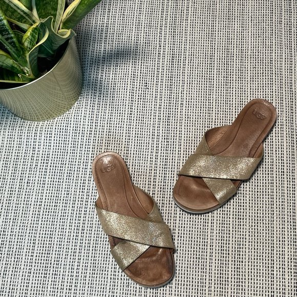 UGG | Shoes | Ugg Kari Metallic Gold Leather Criss Cross Slide Sandals ...